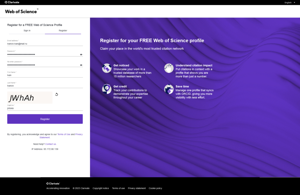 Поиск авторов и статей в Web of Science.